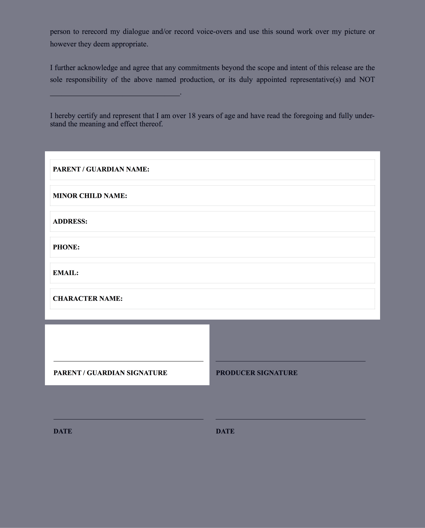 Download Free Actor Release Form Template