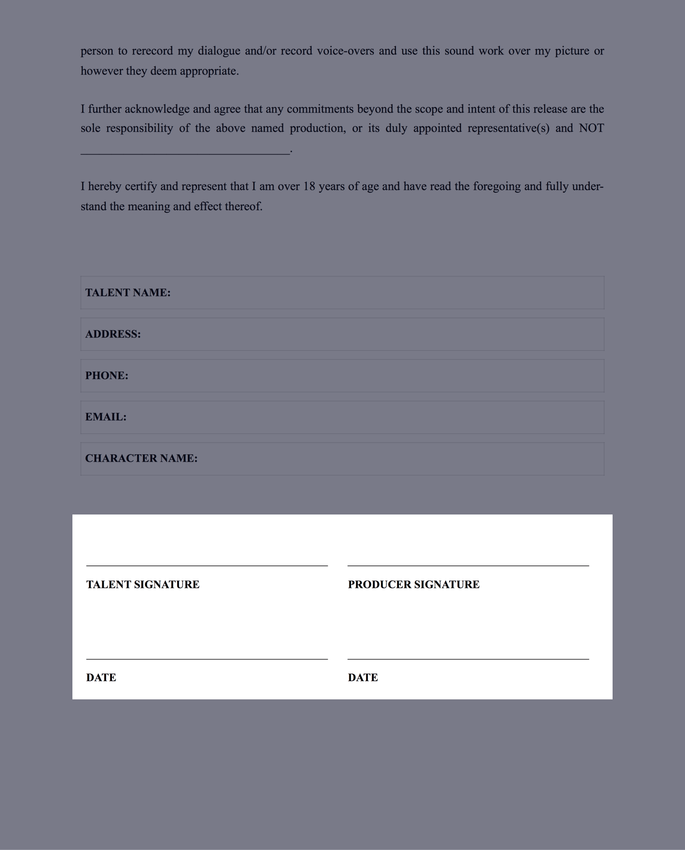 Download Free Actor Release Form Template - Form example download